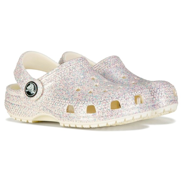CROCS | Shoes | Crocs Kids Classic Glitter Clogs White Pink Glitter ...